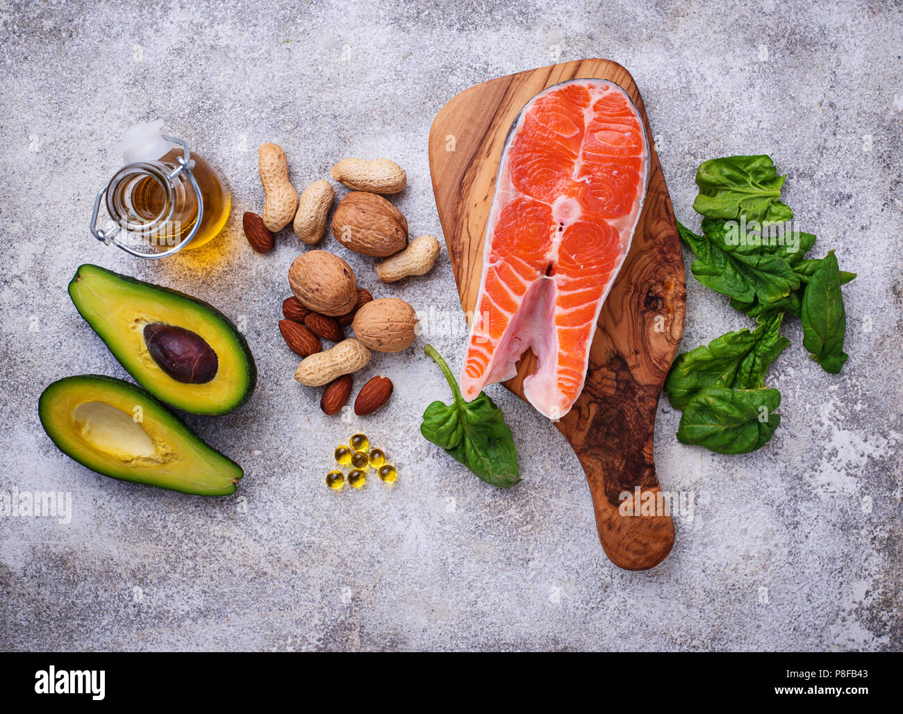 Selection of healthy fat and omega 3 sources Stock Photo - Alamy