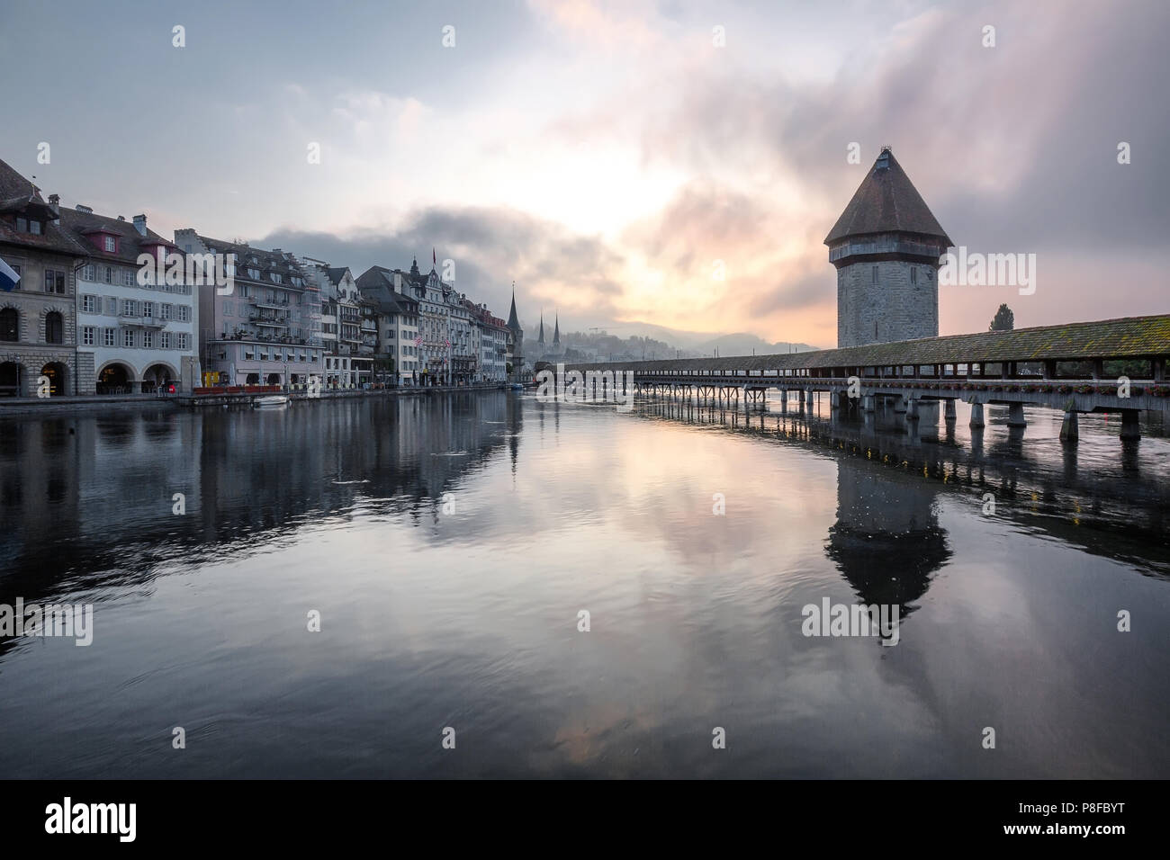 Chapel Bridge and Water Tower at sunset, Lucerne, Switzerland Stock ...