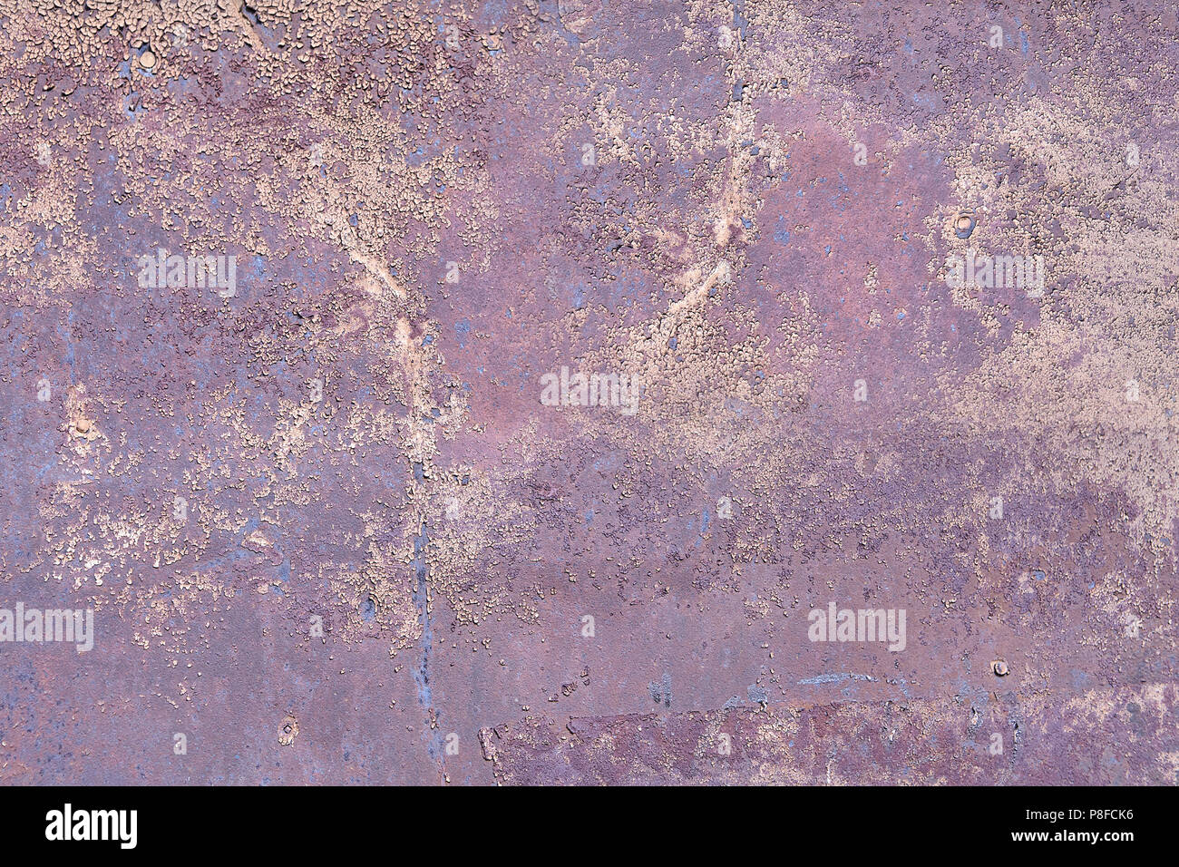 Surface of shabby metal wall with flaked lilac paint, abstract texture ...