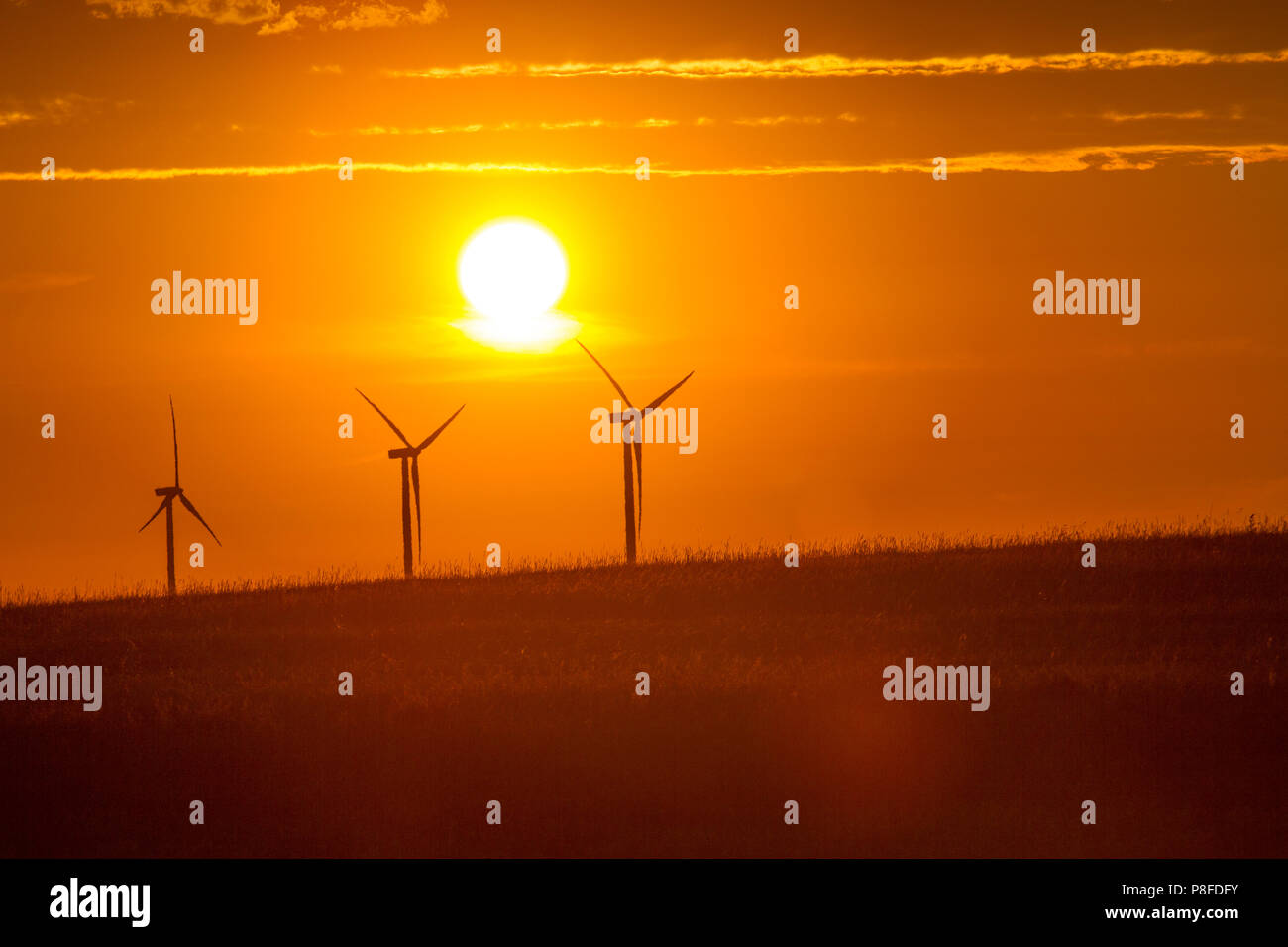 Wind Turbines silhouetteat at sunset. Stettler, Alberta, Canada Stock ...