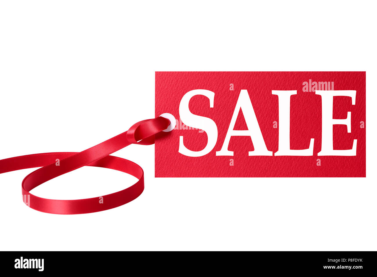Sale price tag with red ribbon isolated on white Stock Photo - Alamy