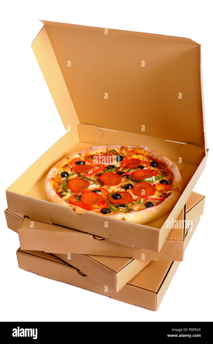 Pizza on a stack of delivery boxes isolated on a white background Stock ...