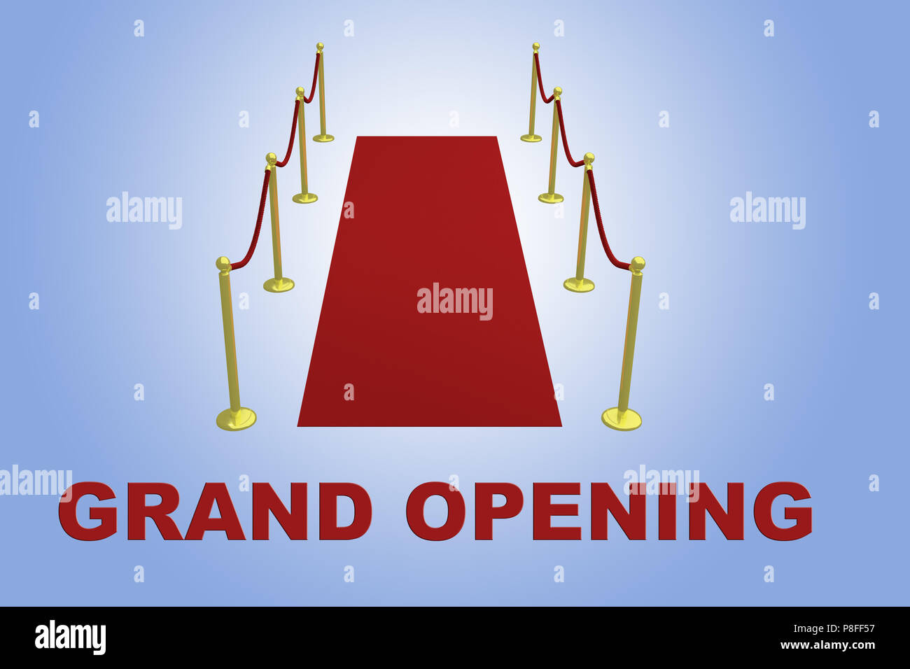 3D illustration of GRAND OPENING title in front of a red carpet ...