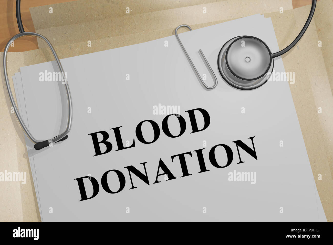 3D illustration of BLOOD DONATION title on a medical document Stock ...