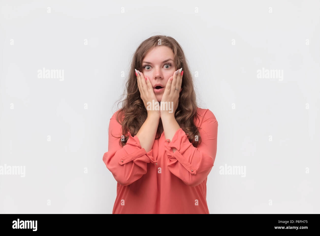 Human emotions, feelings, reaction and attitude. Terrified young plump ...