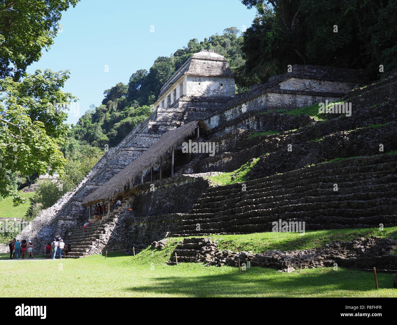 Group of three stony pyramids at ancient Mayan city of Palenque in ...