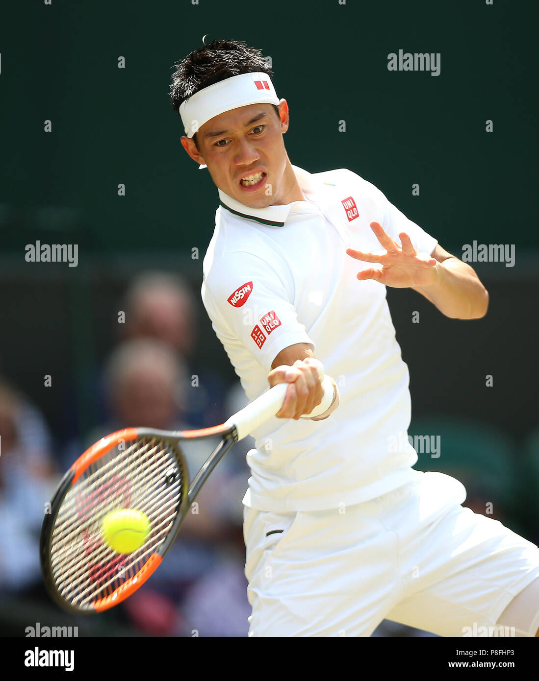 Kei Nishikori in action on day nine of the Wimbledon Championships at ...