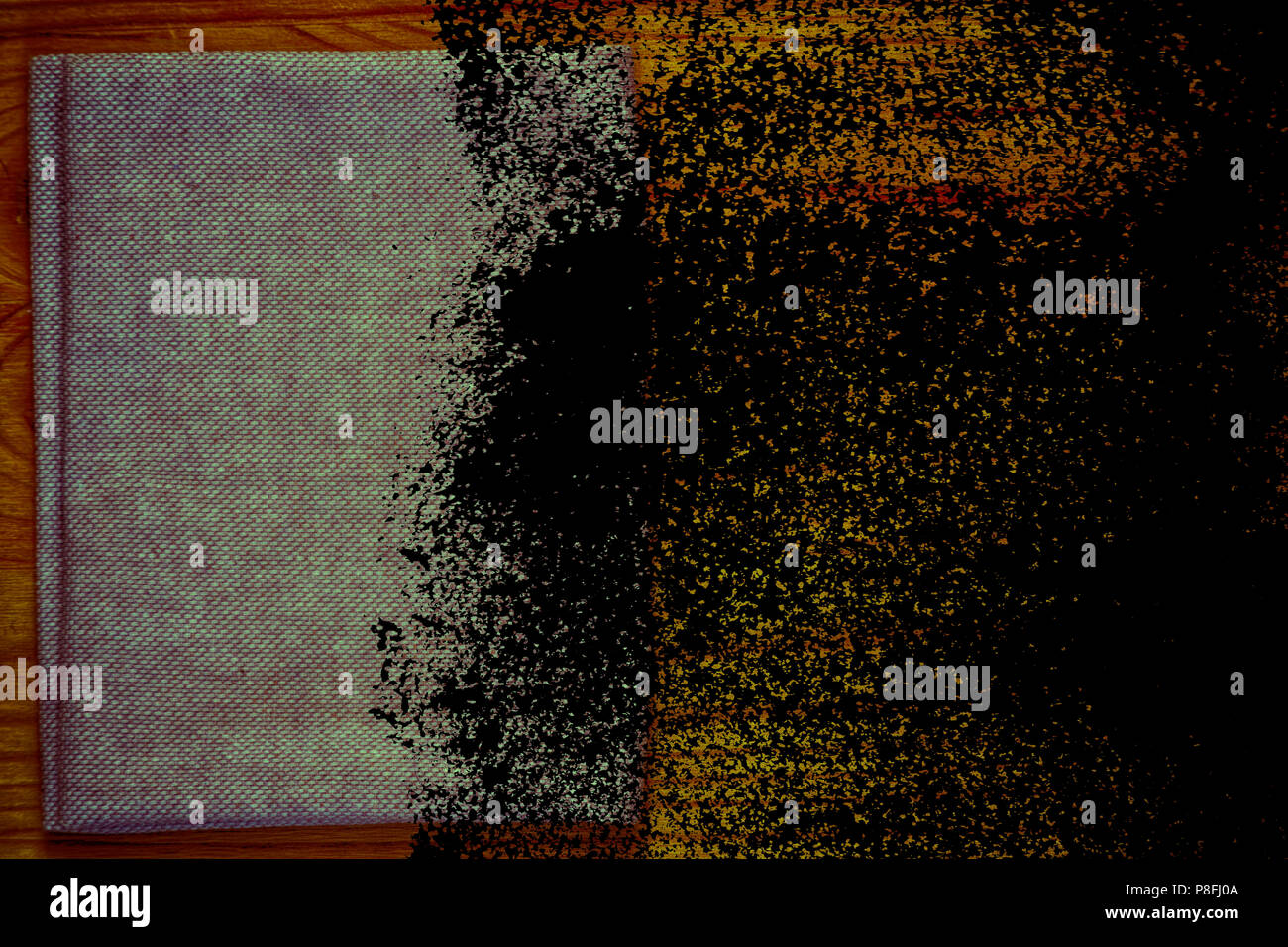 Ultra orange Postcard sample, linen fabric surface on wooden table with ...