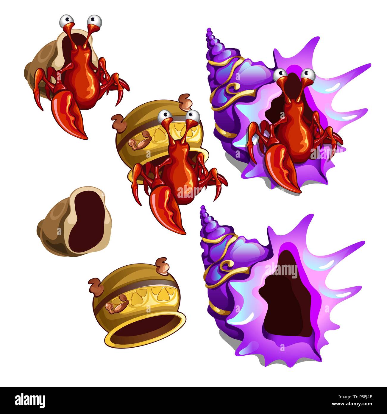 A set of habitats hermit crab isolated on white background. Old pottery ...