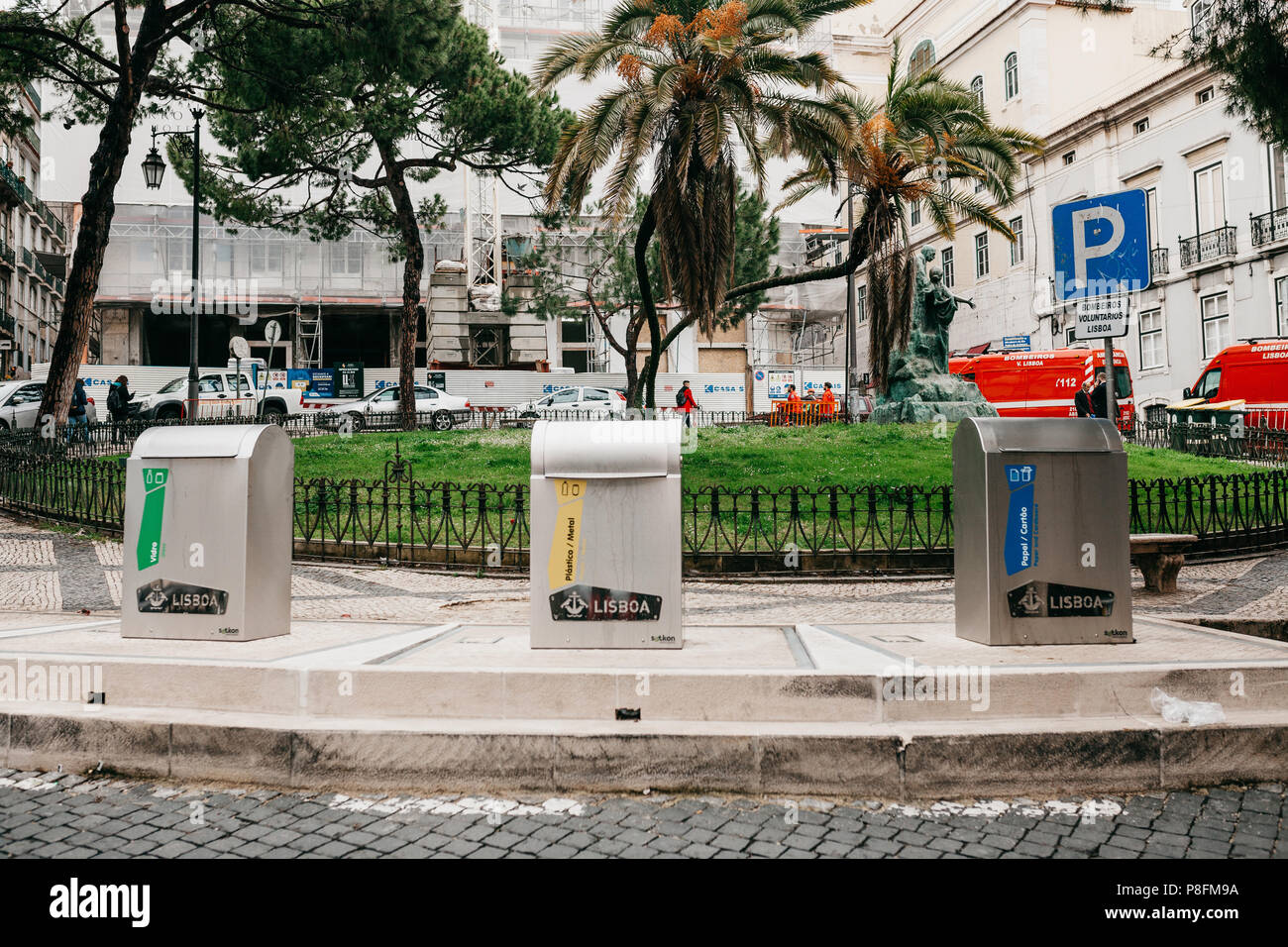 Lisbon, June 18, 2018: A modern smart trash can on the street ...