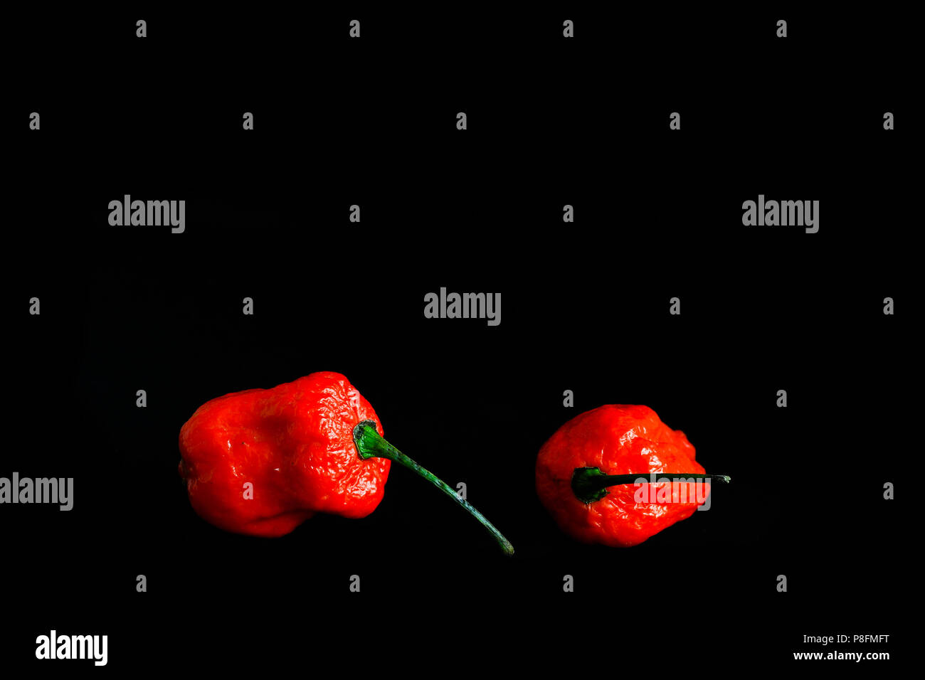 Two Red Bhoot Jolokia Spicy ghost pepper isolated in black background ...
