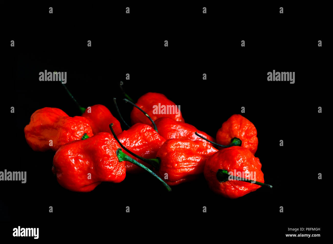 Bunch of Red Bhoot Jolokia Spicy ghost pepper isolated in black ...