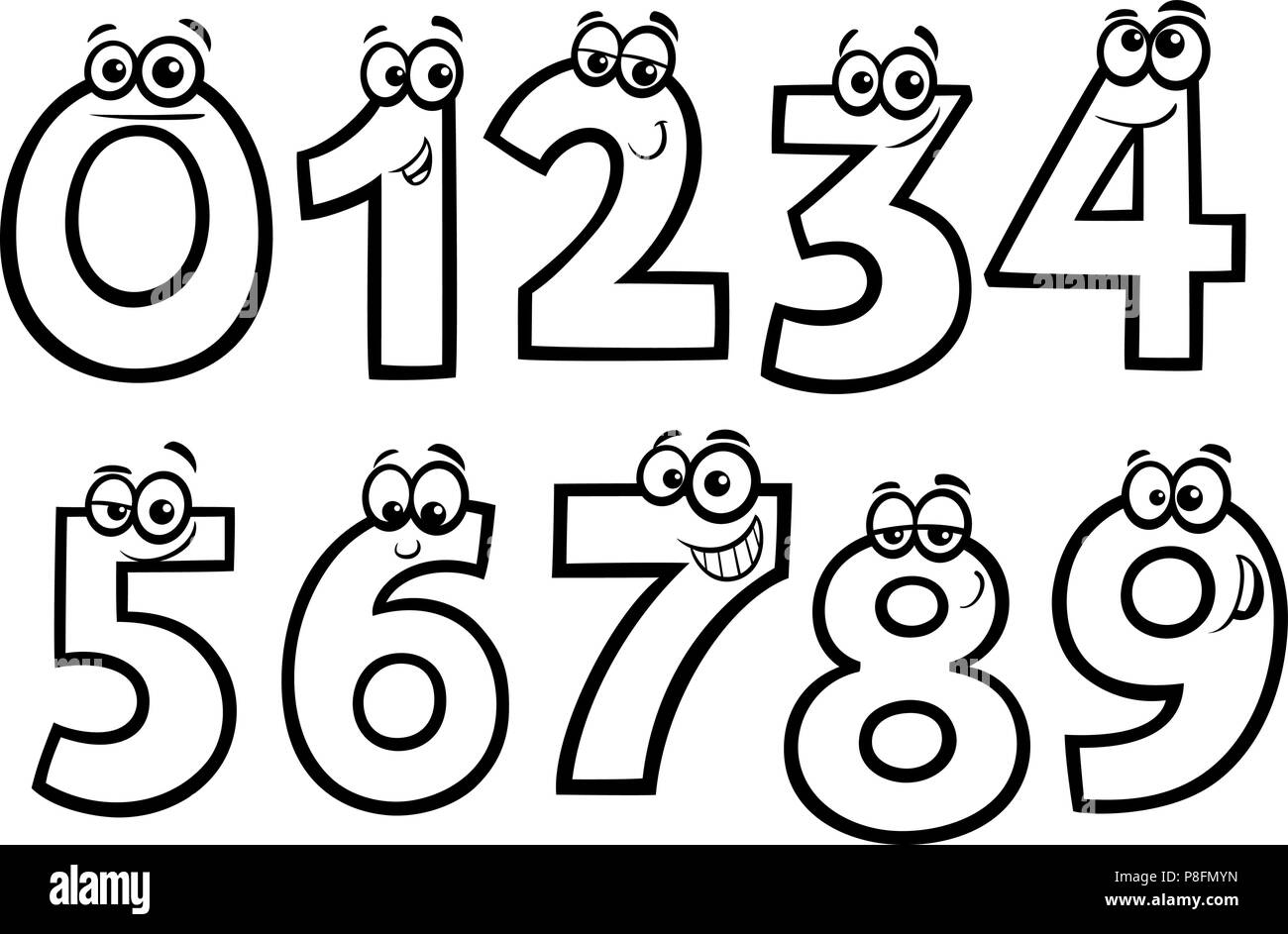 Black and White Educational Cartoon Illustrations of Basic Numbers ...