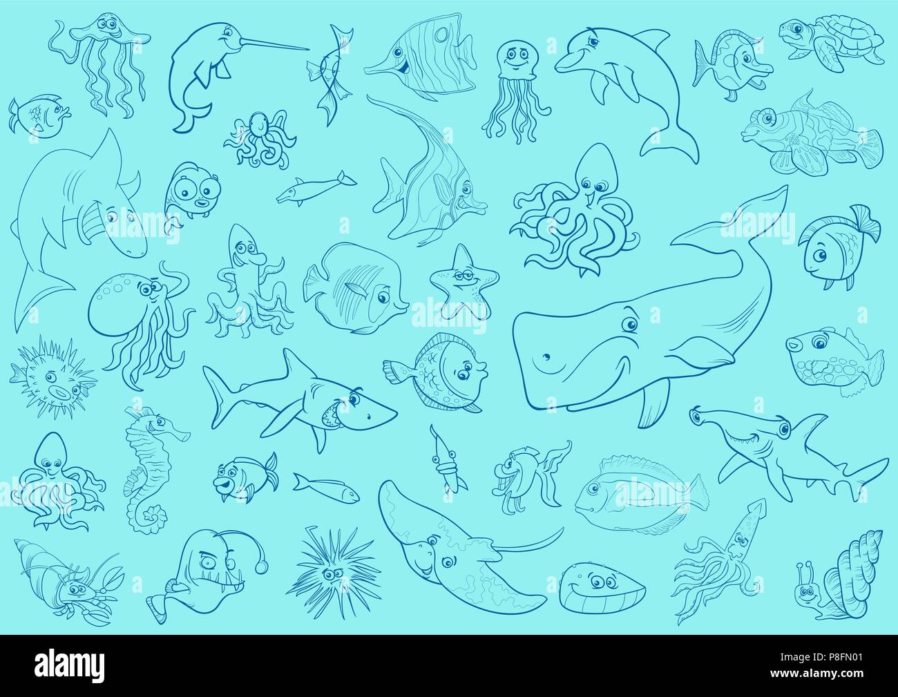 Cartoon Illustrations of Sea Life Animals and Fish Characters Group ...