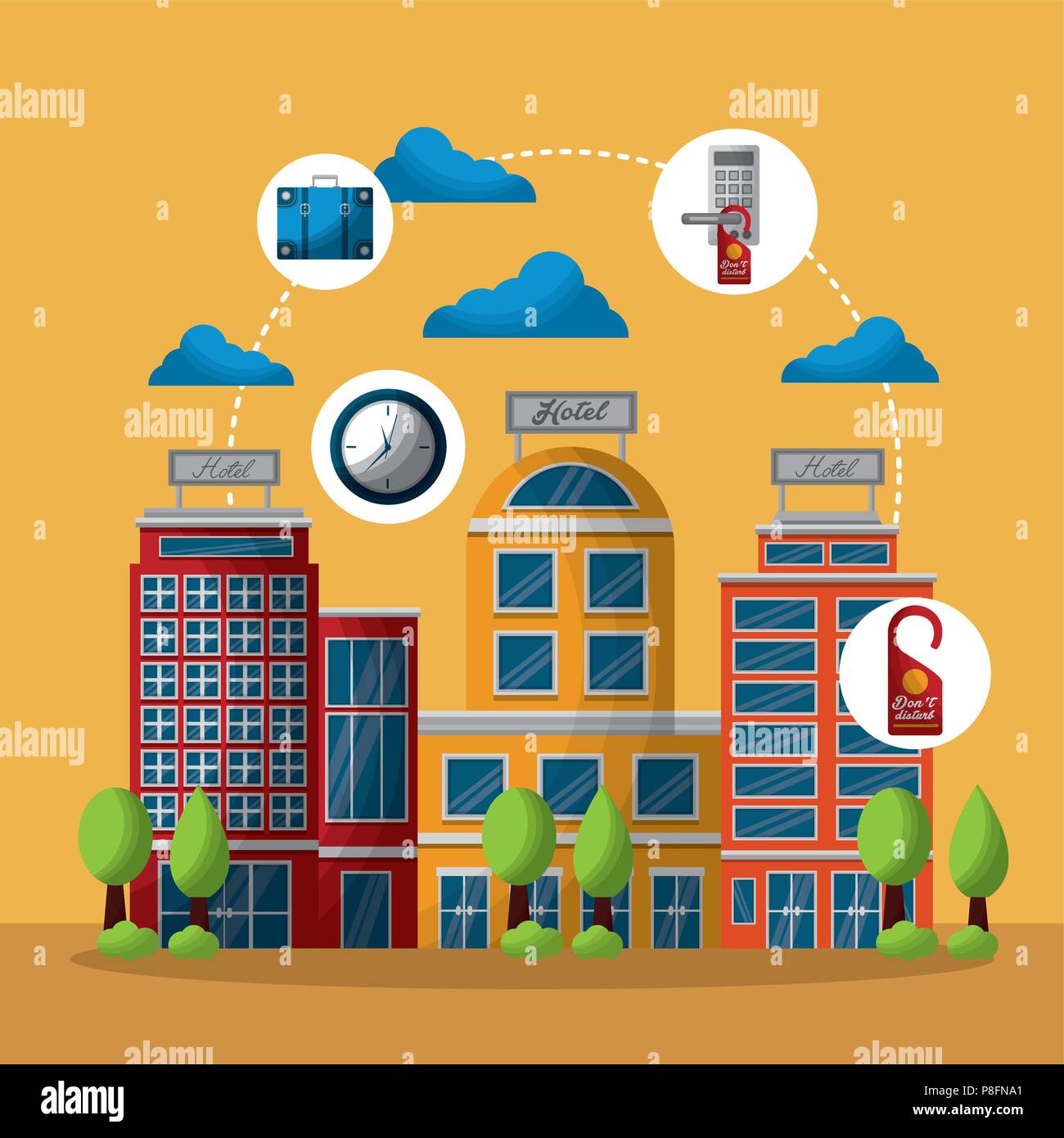 hotel buildings clouds stickers clocks do not disturb tag blue bag ...