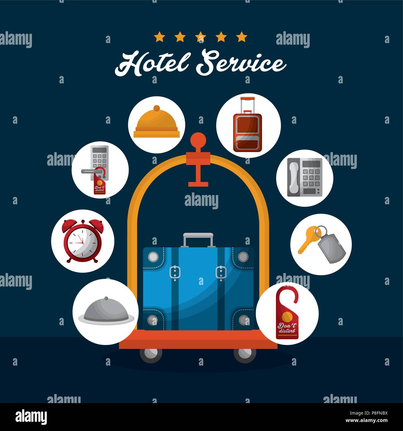 hotel building luggage cart blue bag sticker ring clocks telephone key ...