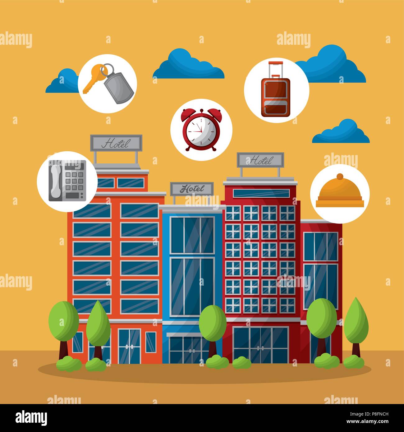 hotel buildings clouds stickers connection ring call telephone key suit ...