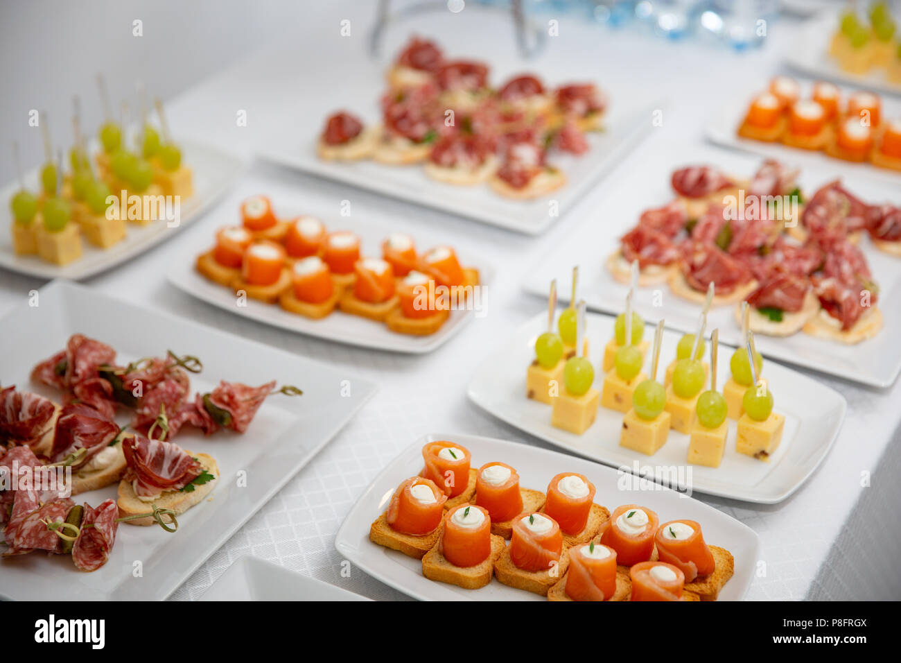 Closeup snacks at catering, banquet, buffet, finger food, shrimp ...