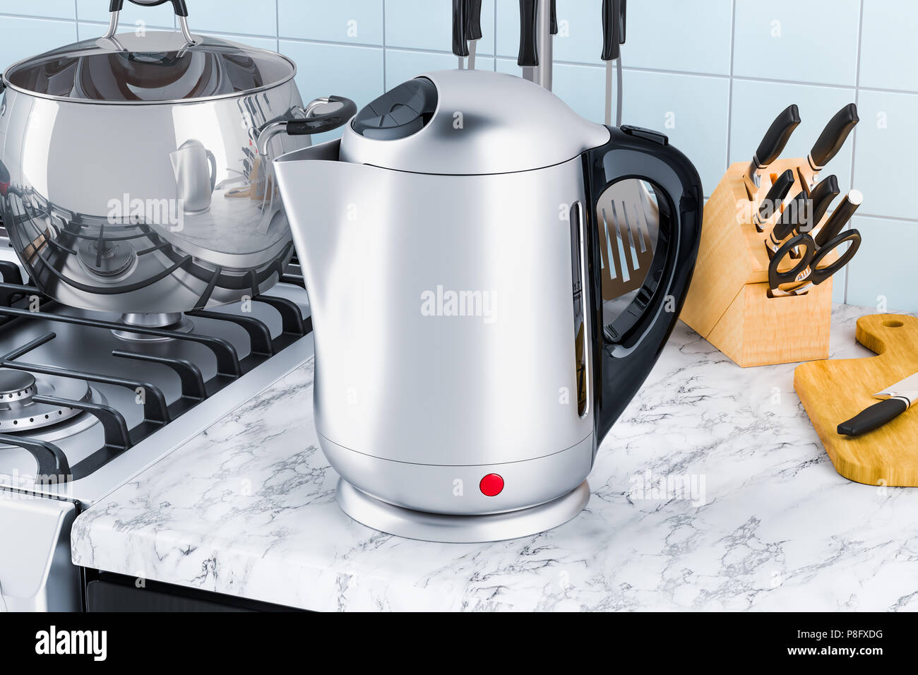 Electric kettle on the kitchen table. 3D rendering Stock Photo - Alamy