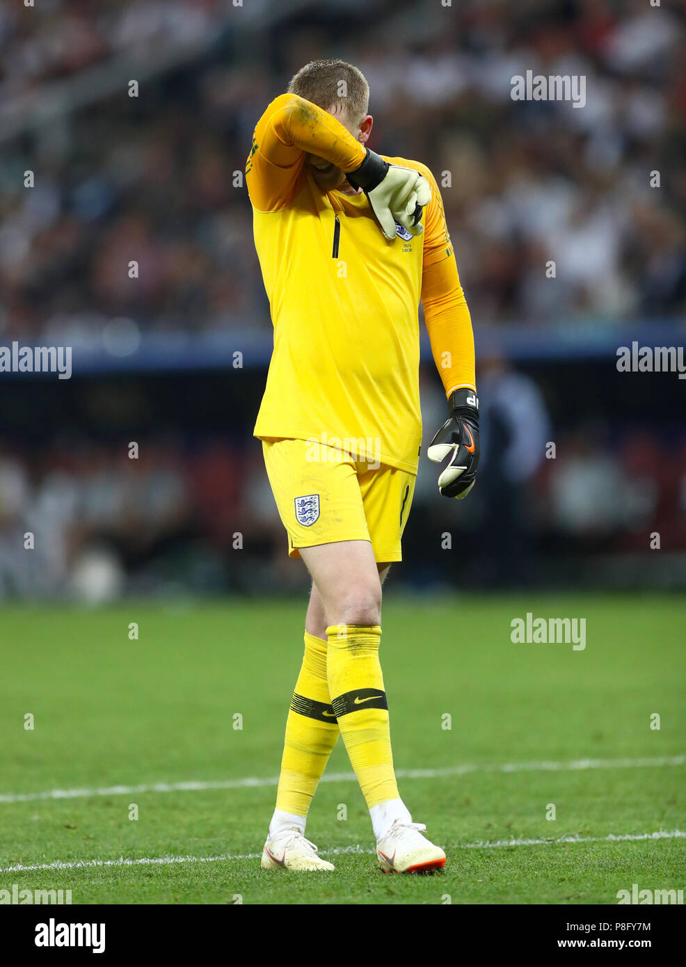 England goalkeeper Jordan Pickford shows his frustration during the ...