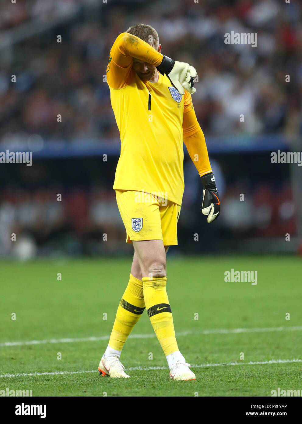 England goalkeeper Jordan Pickford shows his frustration during the ...