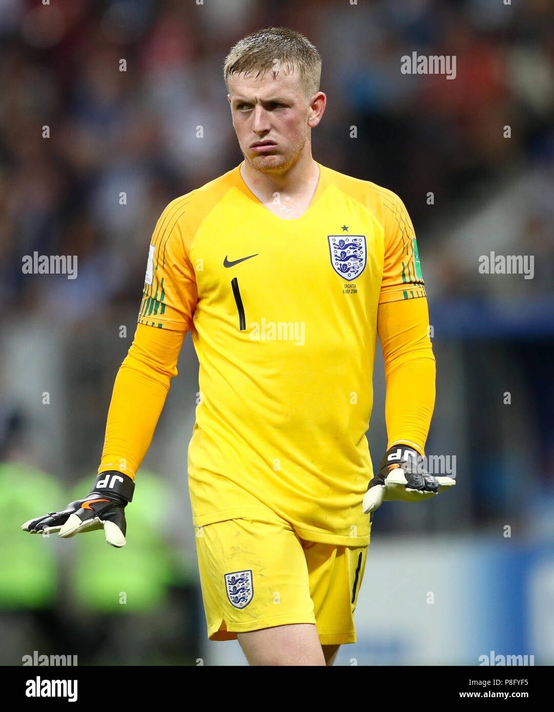 England goalkeeper Jordan Pickford reacts during the FIFA World Cup ...