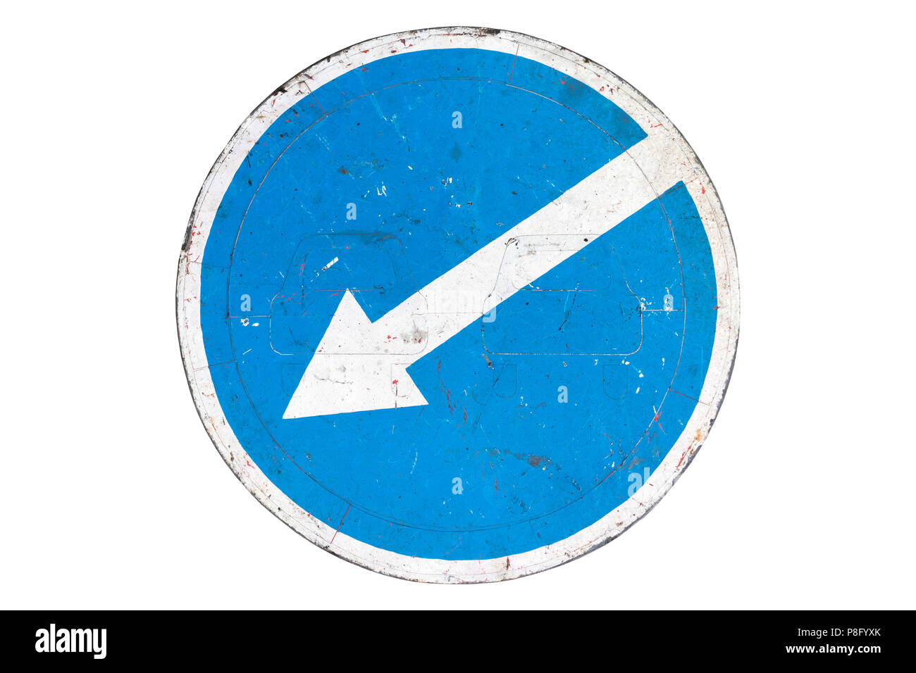 Old round blue road sign 'Keep Left' ('Pass this side') isolated on ...