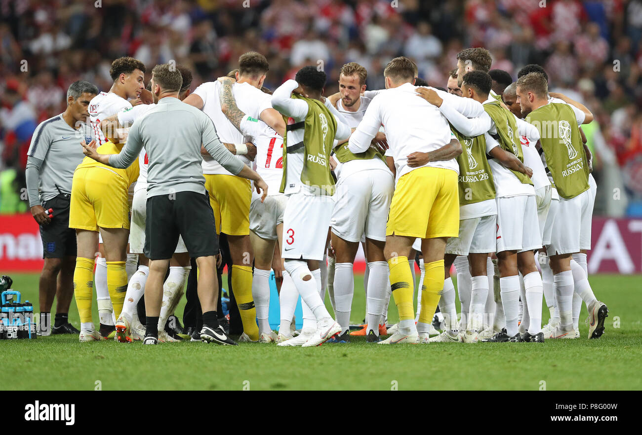 England huddle at full time, before extra time, during the FIFA World Cup, Semi Final match at ...