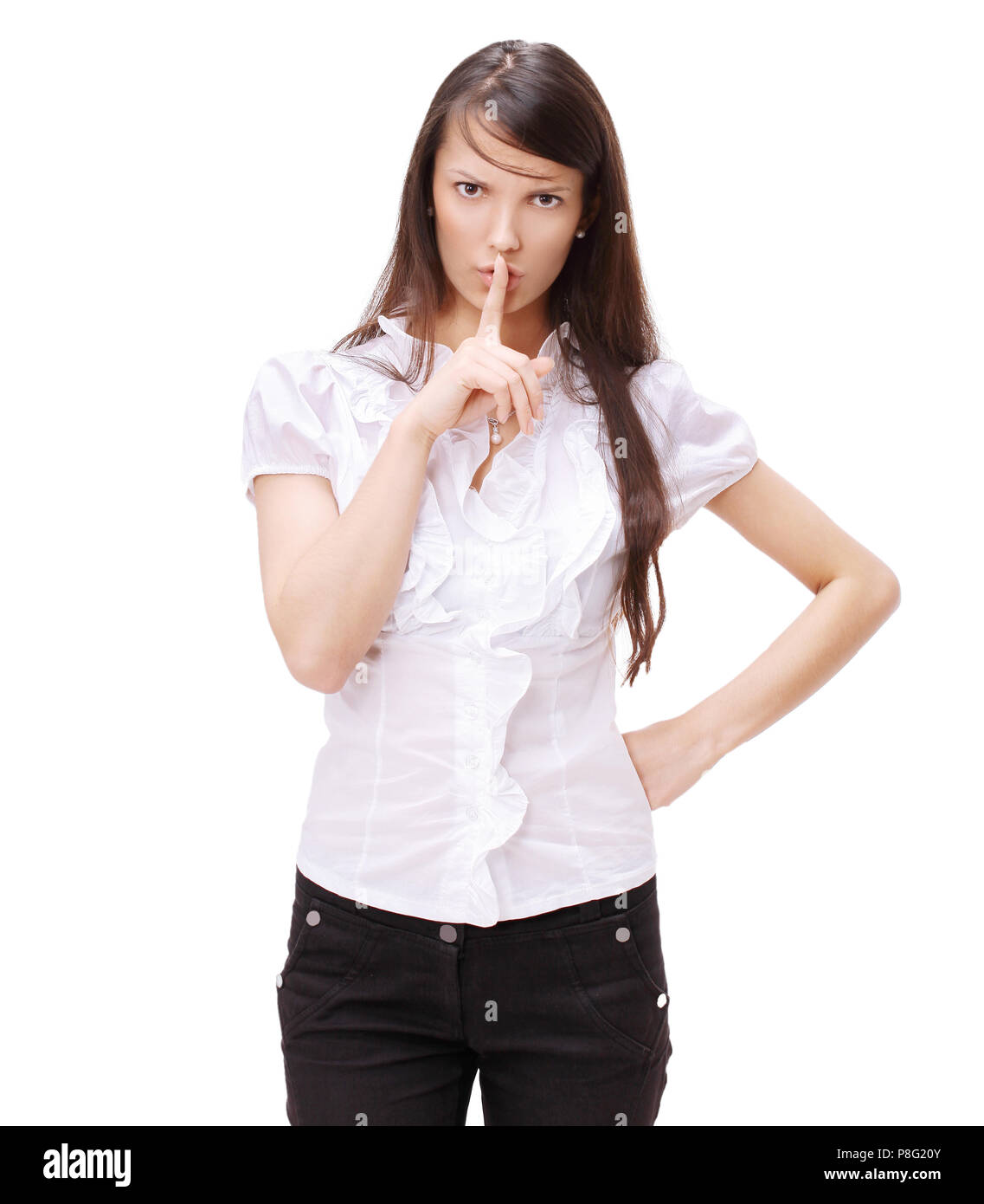 Girl putting finger lips hi-res stock photography and images - Alamy