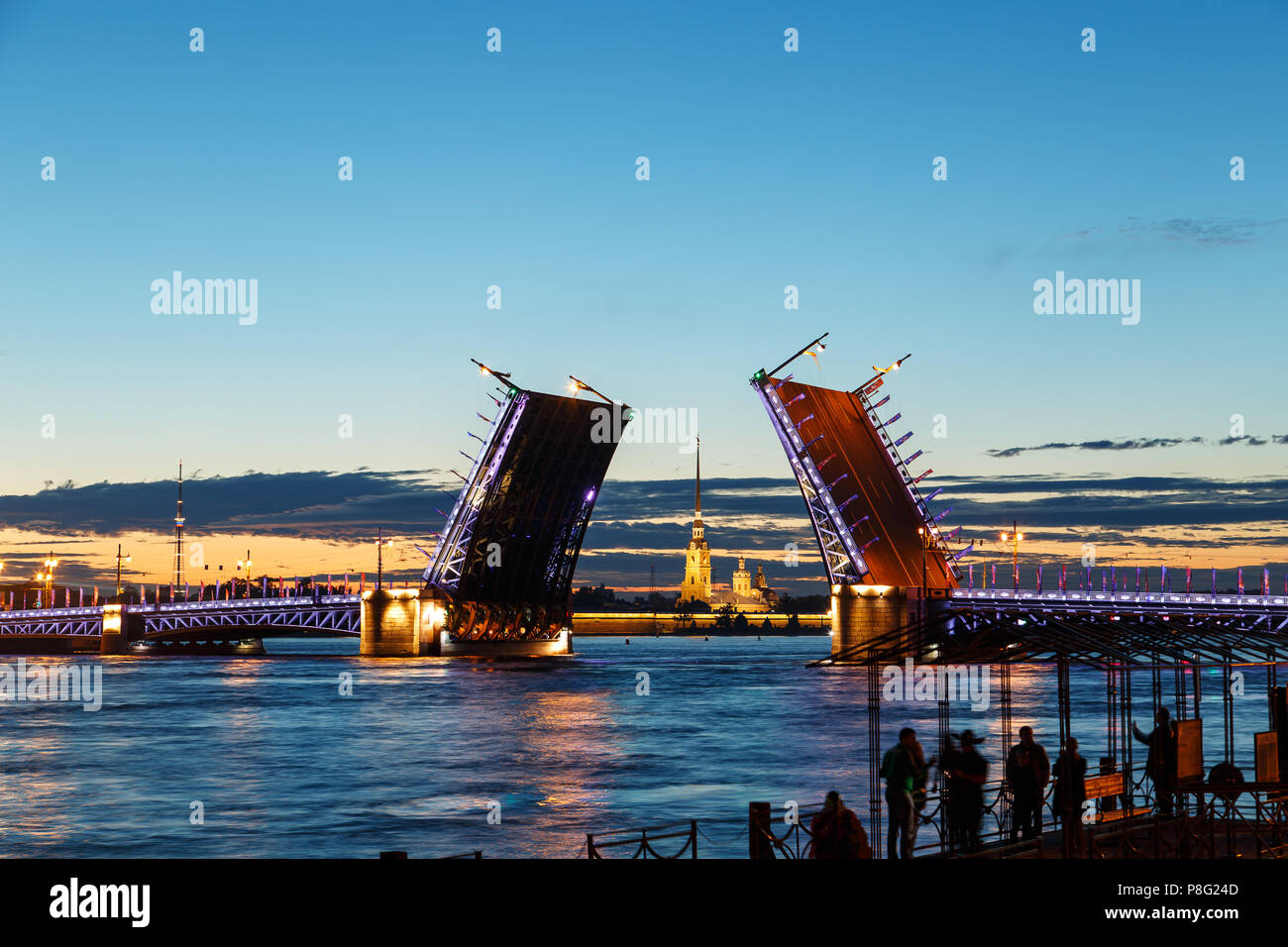 Open Palace Bridge and Peter and Paul Cathedral. White night in St ...