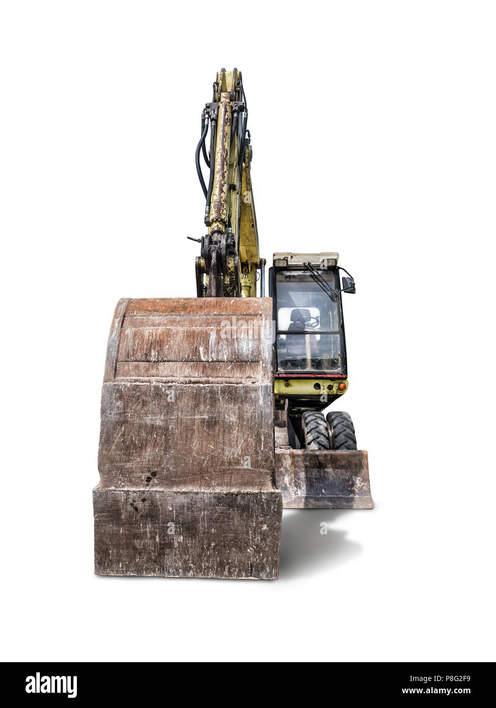 Old backhoe loader shot on white background Stock Photo - Alamy