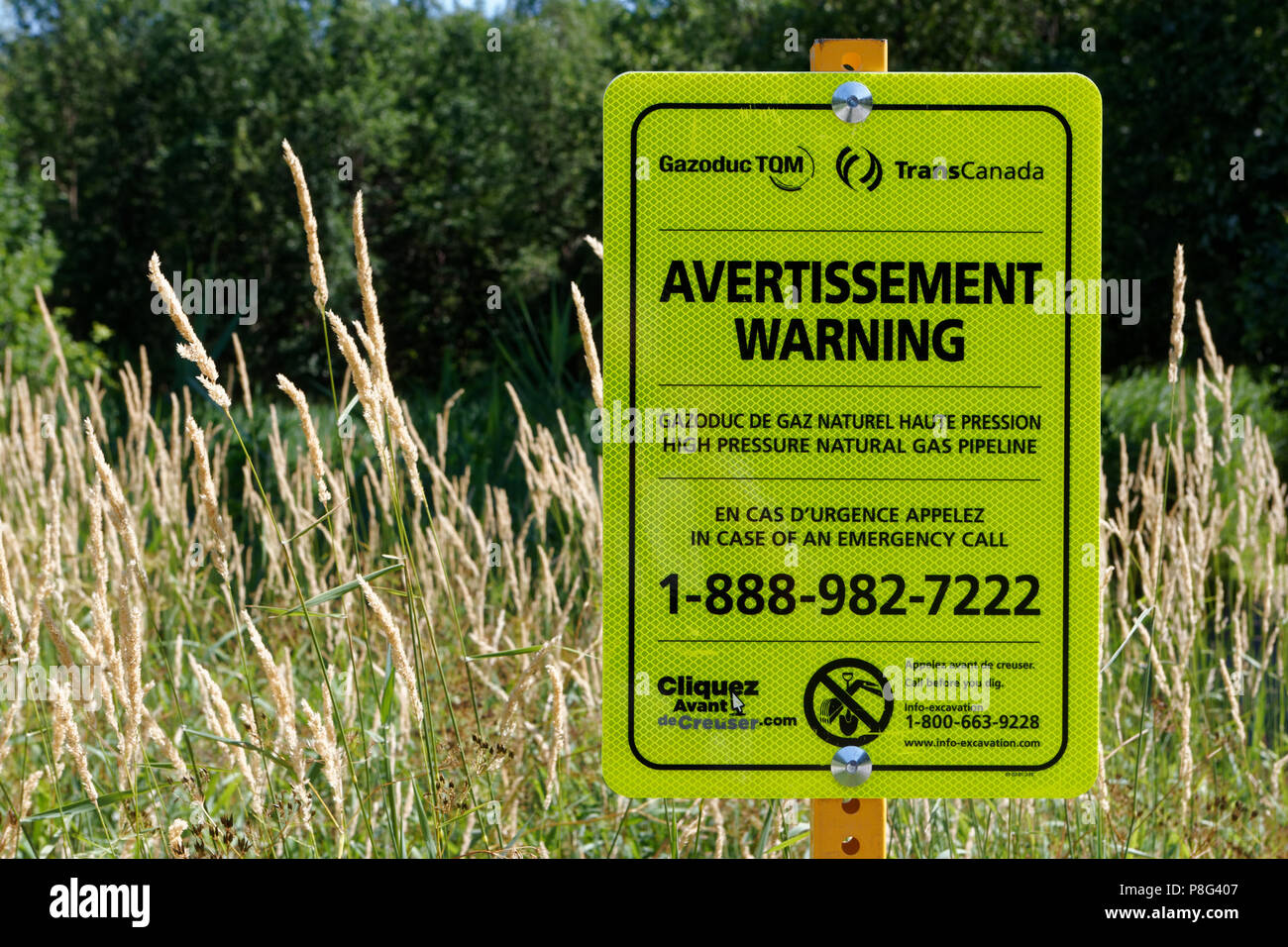 Quebec,Canada. Warning sign for TransCanada underground gas line in ...