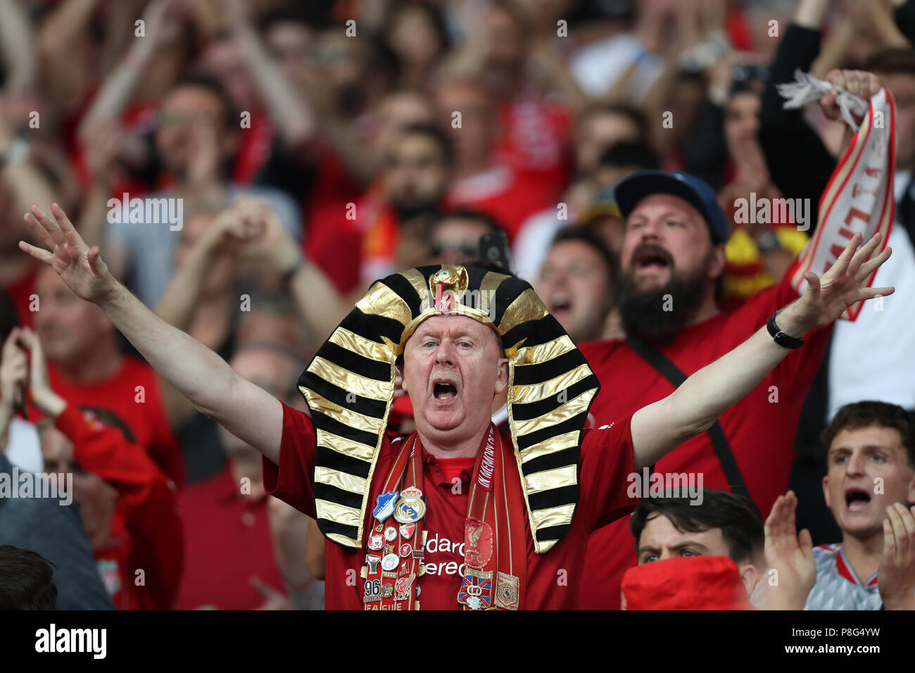 KYIV, UKRAINE - MAY 26, 2018: Liverpool fan. Old man supporter with ...