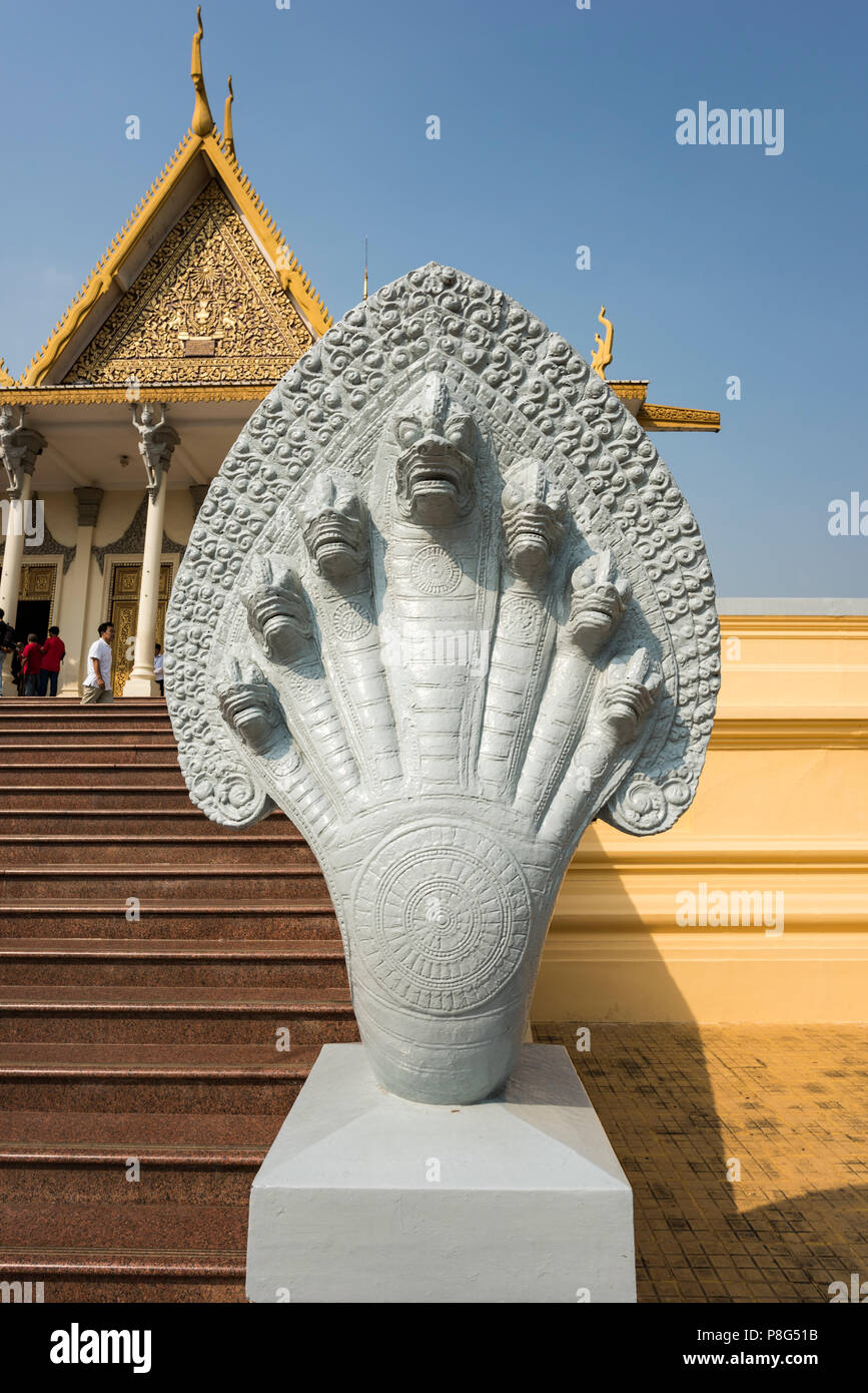 A mythical Seven-Headed Snake Goddess, Khmer Naga sculpture at a temple ...