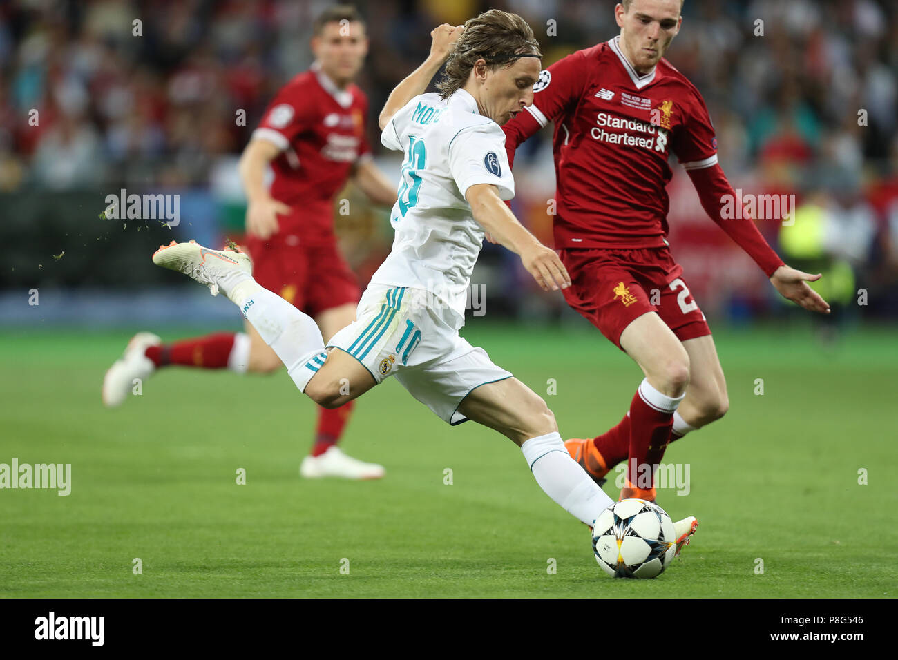 KYIV, UKRAINE - MAY 26, 2018: Luka Modric shoots the ball making air ...