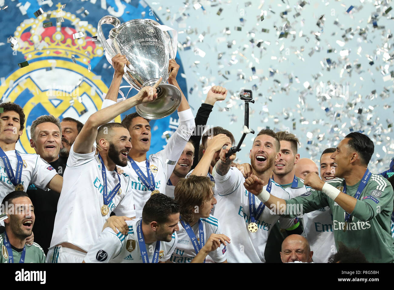 KYIV, UKRAINE - MAY 26, 2018: Raphael Varane celebrates with The UEFA ...