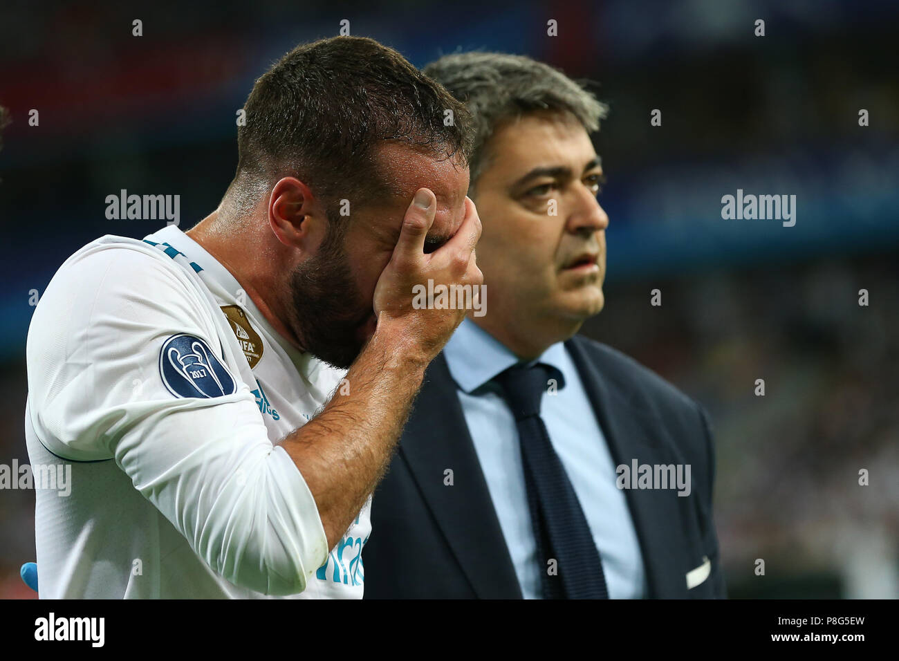 KYIV, UKRAINE - MAY 26, 2018: Dani Carvajal tears. Crying after getting ...