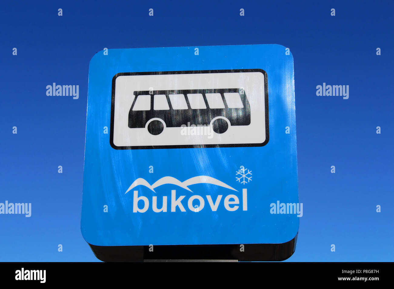 BUKOVEL, UKRAINE - MAY 11, 2013: Bus stop sign in Bukovel resort in ...