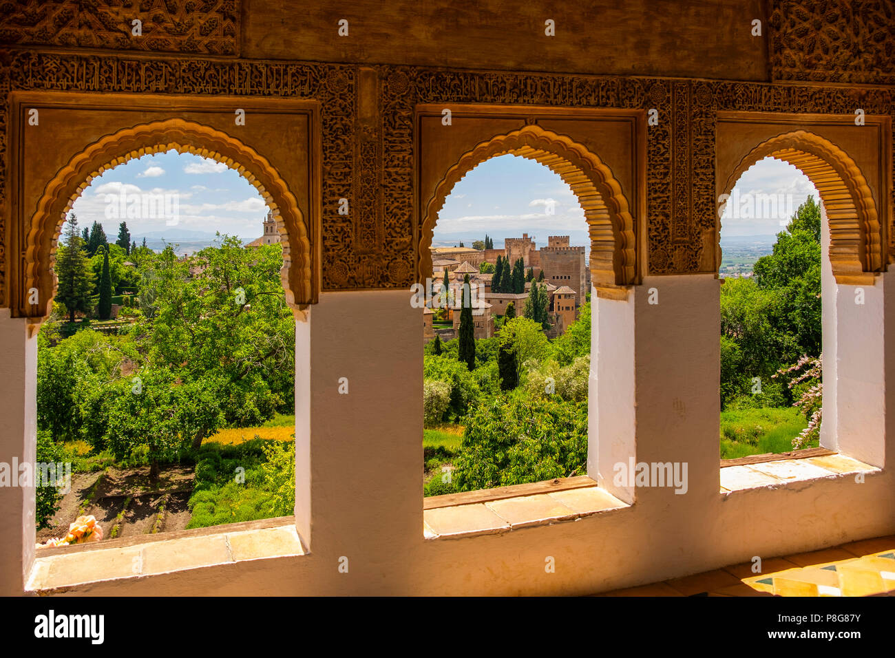 Gardens and panoramic view from Generalife Palace. Alhambra, UNESCO ...