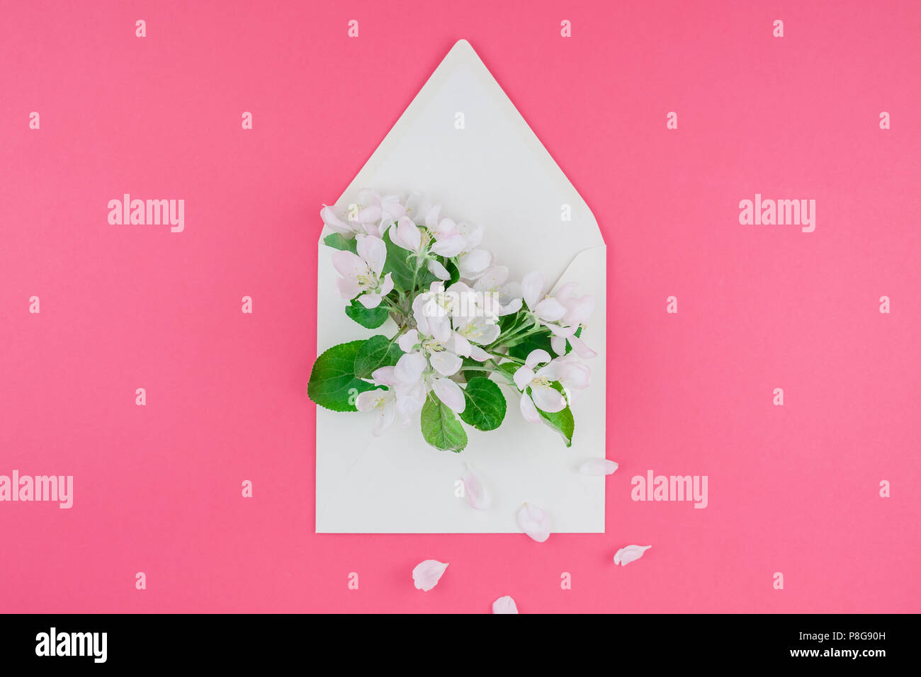 Creative flat lay concept top view of blank letter envelope and apple ...