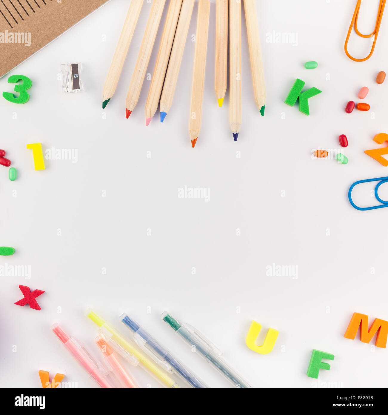 Square flat lay back to school concept with color school and office ...