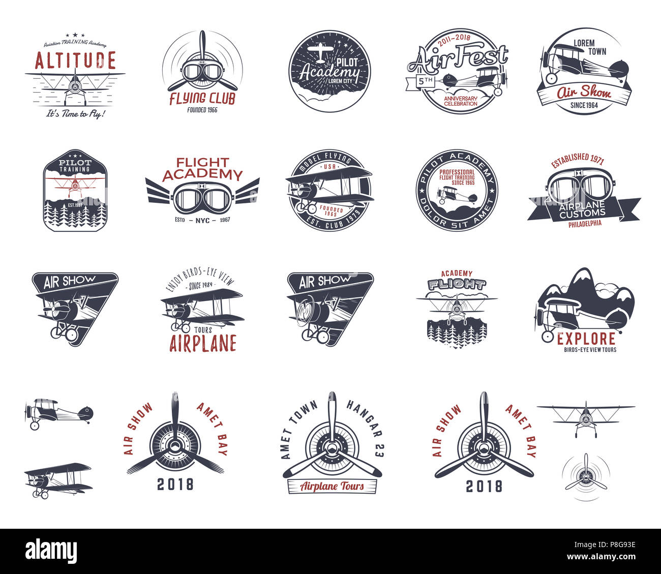 Vintage hand drawn old fly stamps. Travel or business airplane tour ...