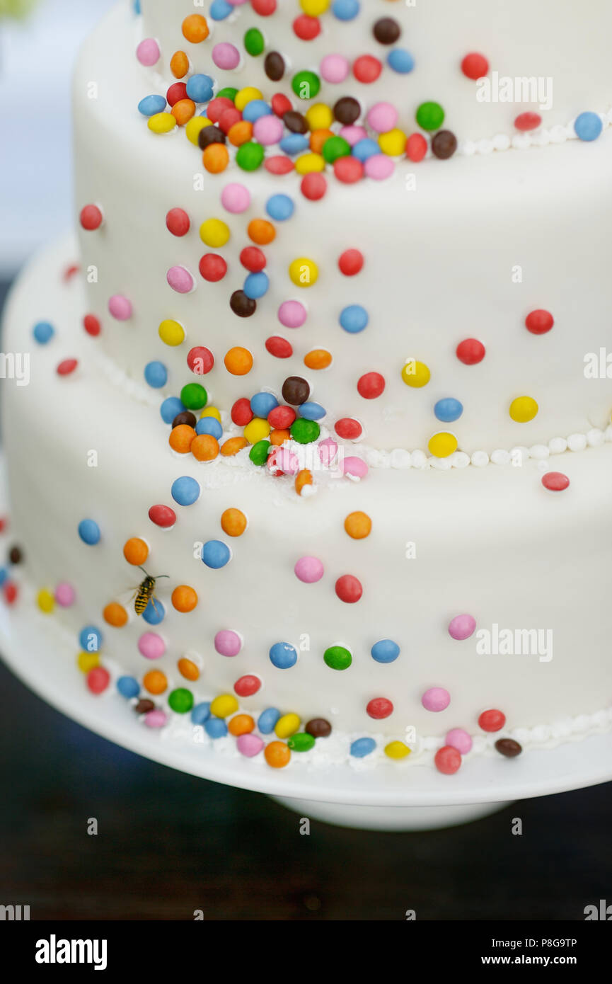 Delicious white wedding cake decorated colorful candies Stock Photo - Alamy