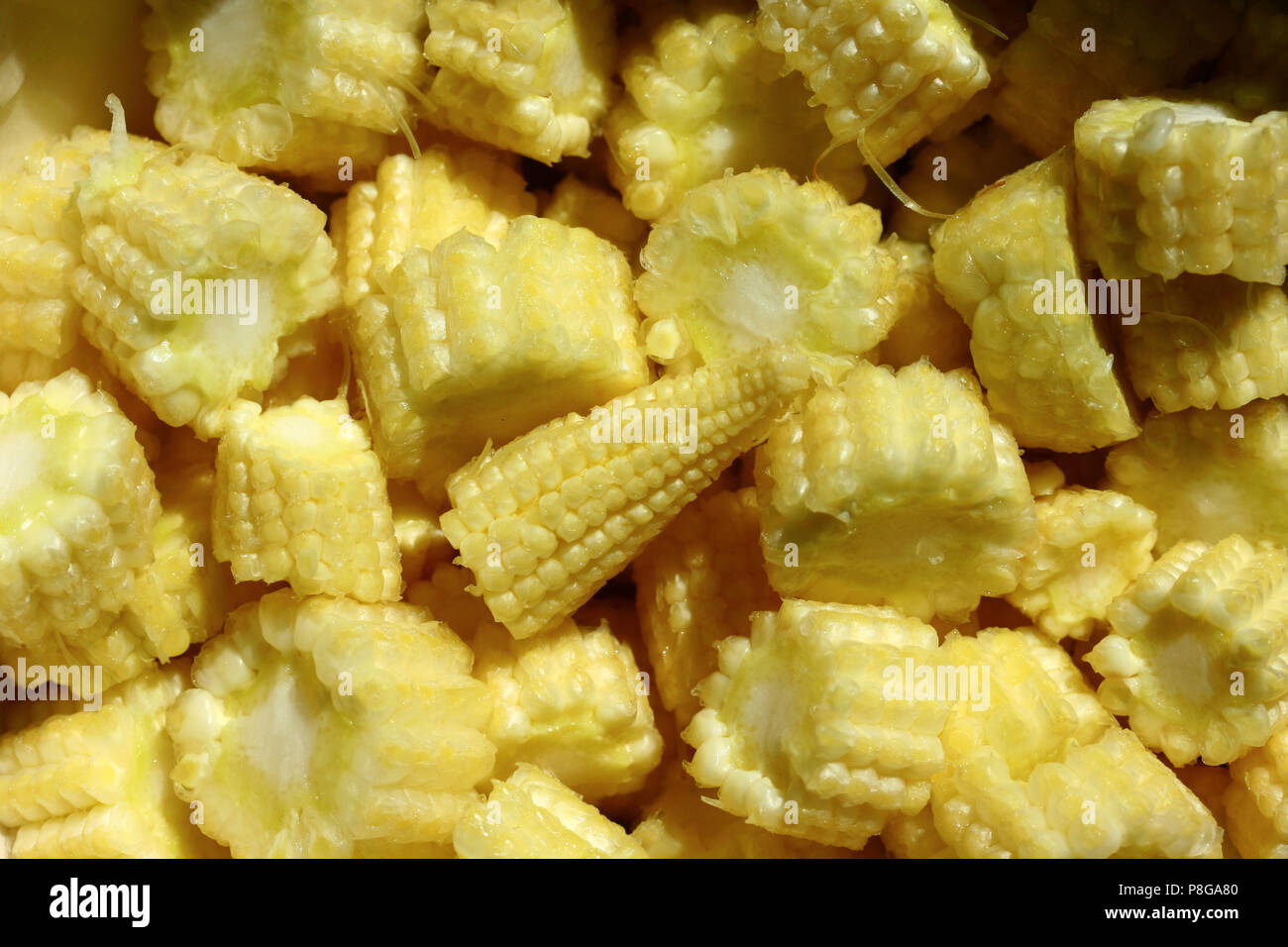 A top view of canned small sliced baby corn Stock Photo - Alamy