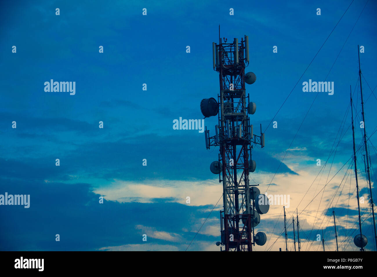 Telecommunication Tower with Wires and Anntenas with Dusky Sky ...
