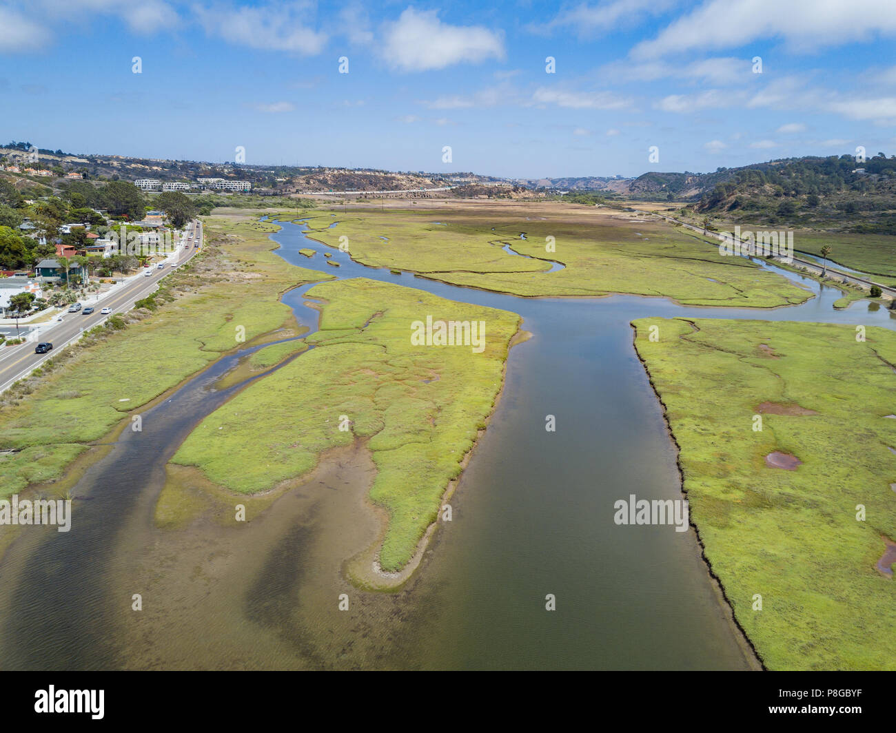 Aerial view of the beautiful Los Penasquitos Lagoon wetland at La Jolla ...