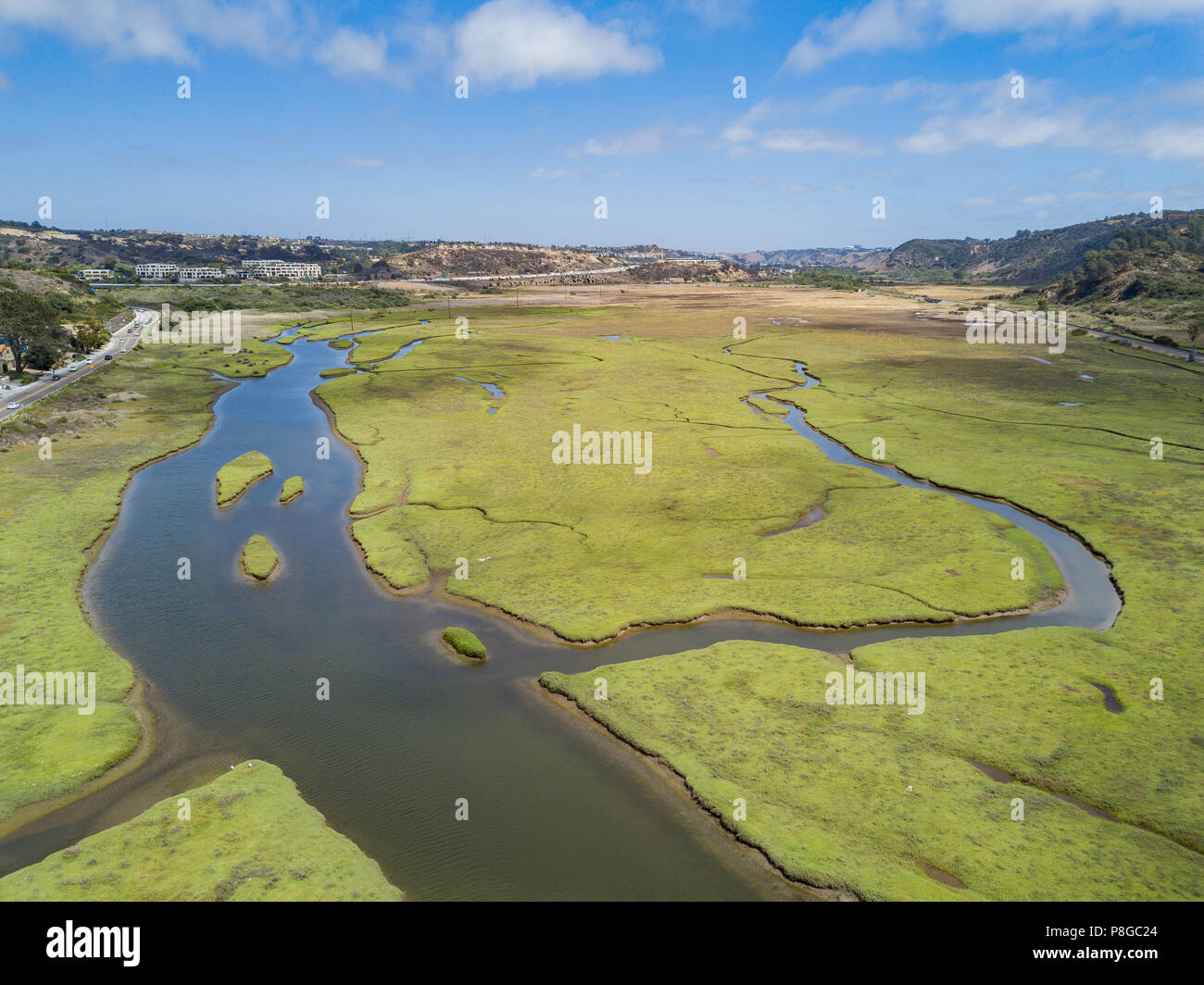 Aerial view of the beautiful Los Penasquitos Lagoon wetland at La Jolla ...