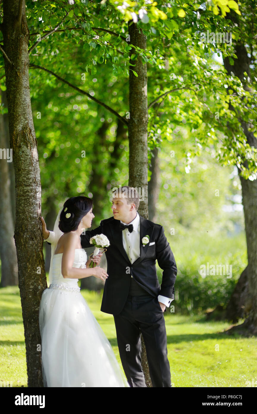 Beautiful bride and groom by a tree Stock Photo - Alamy
