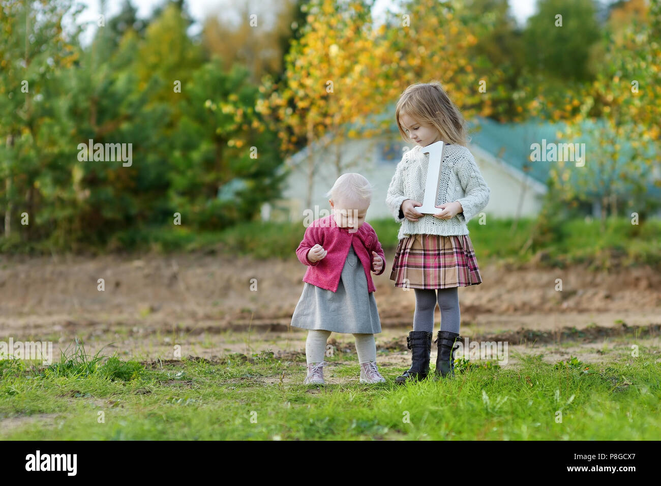 Two little girls celebrating younger sister's first birthday Stock ...