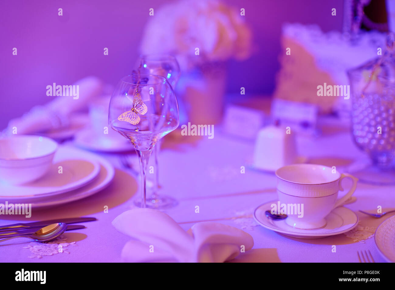 Purple table set for an event party or wedding reception Stock Photo ...